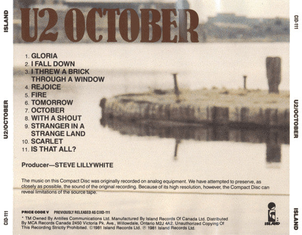 U2 ‎– October CD – Unity Audio Canada